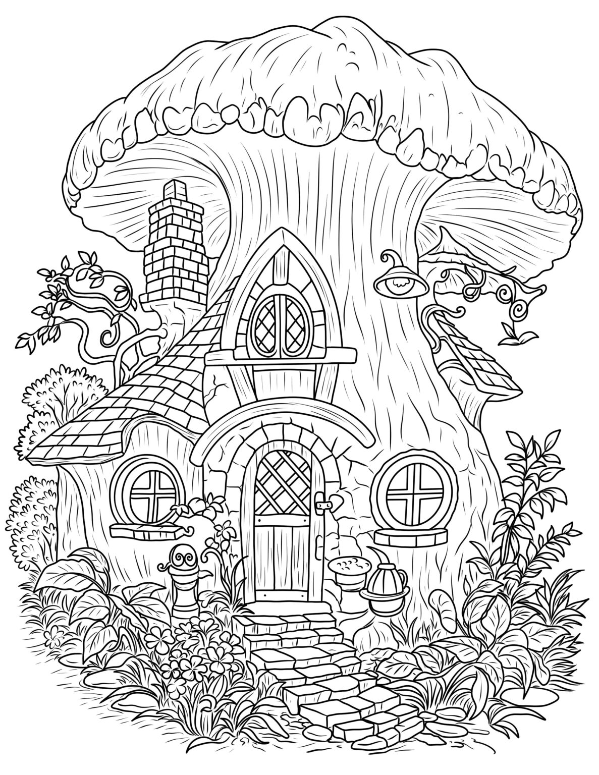 Free mushroom house Coloring Pages