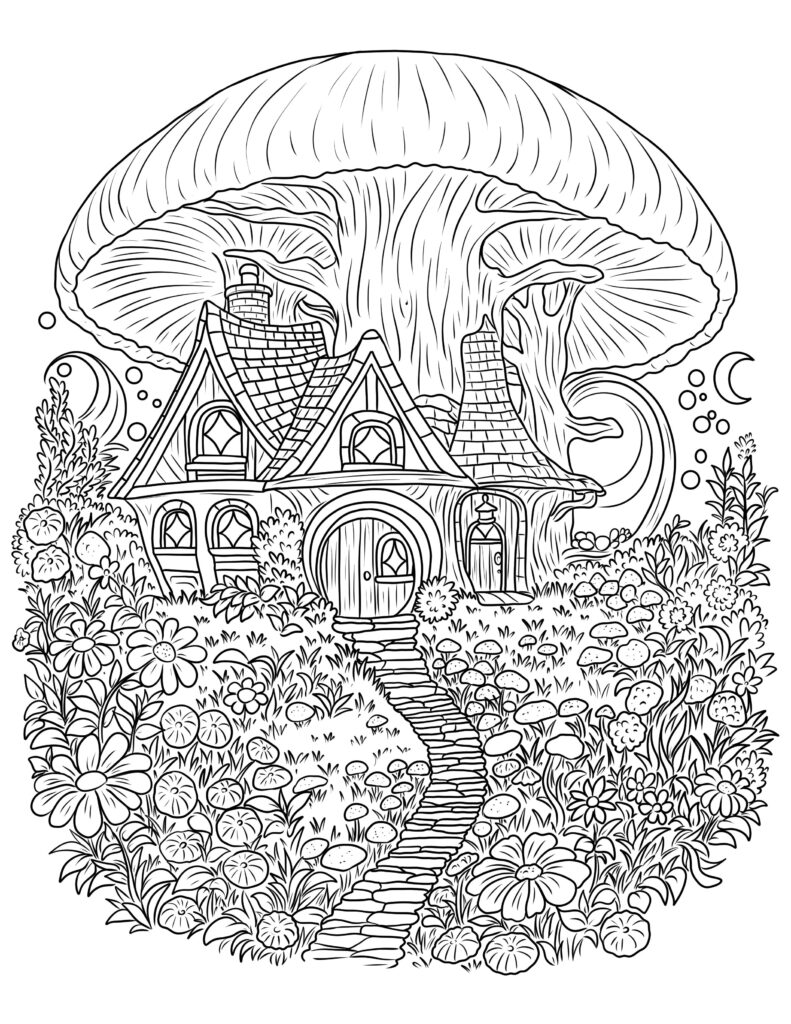 Free mushroom house Coloring Pages