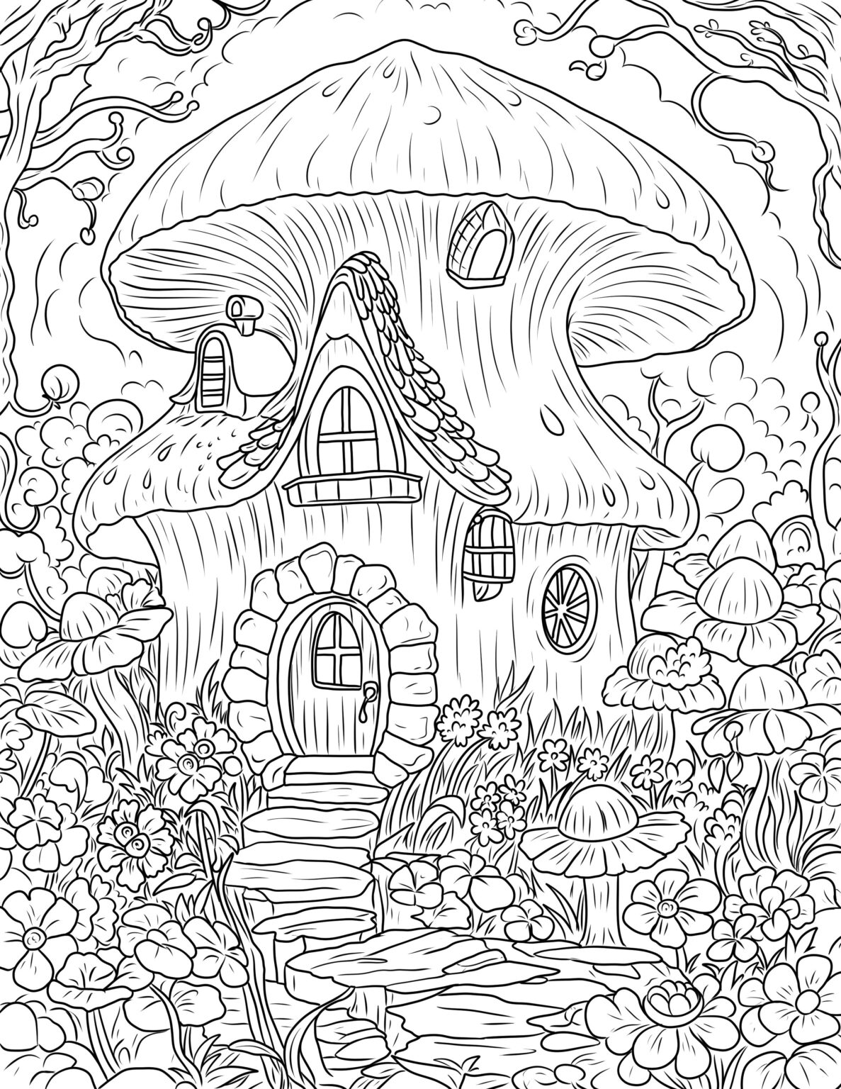 Free mushroom house Coloring Pages
