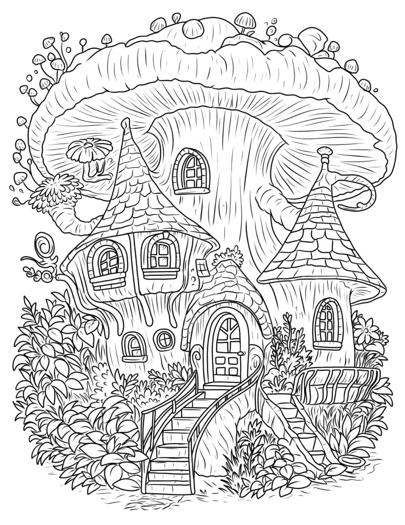 Free mushroom house Coloring Pages